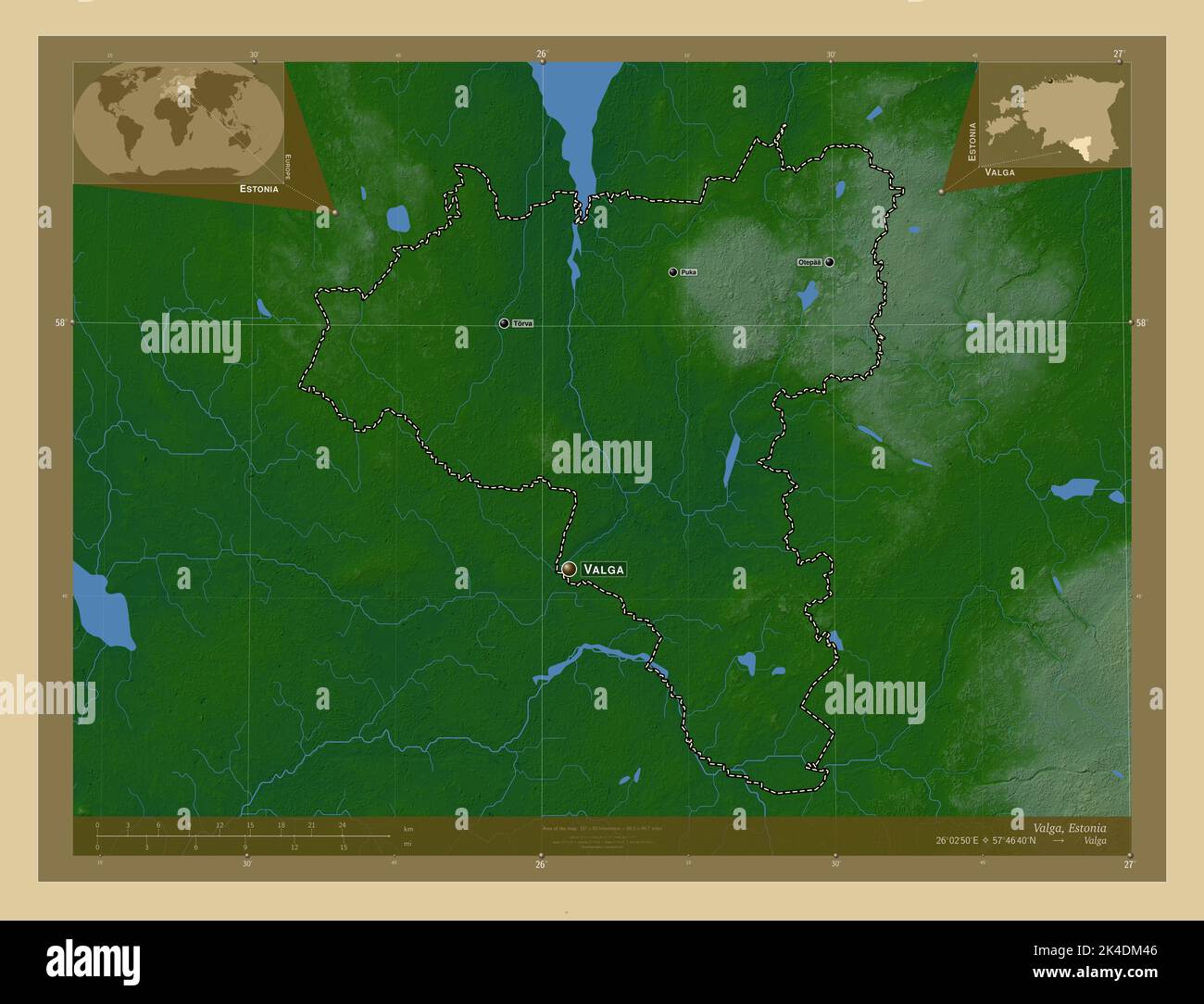 Valga, county of Estonia. Colored elevation map with lakes and rivers ...