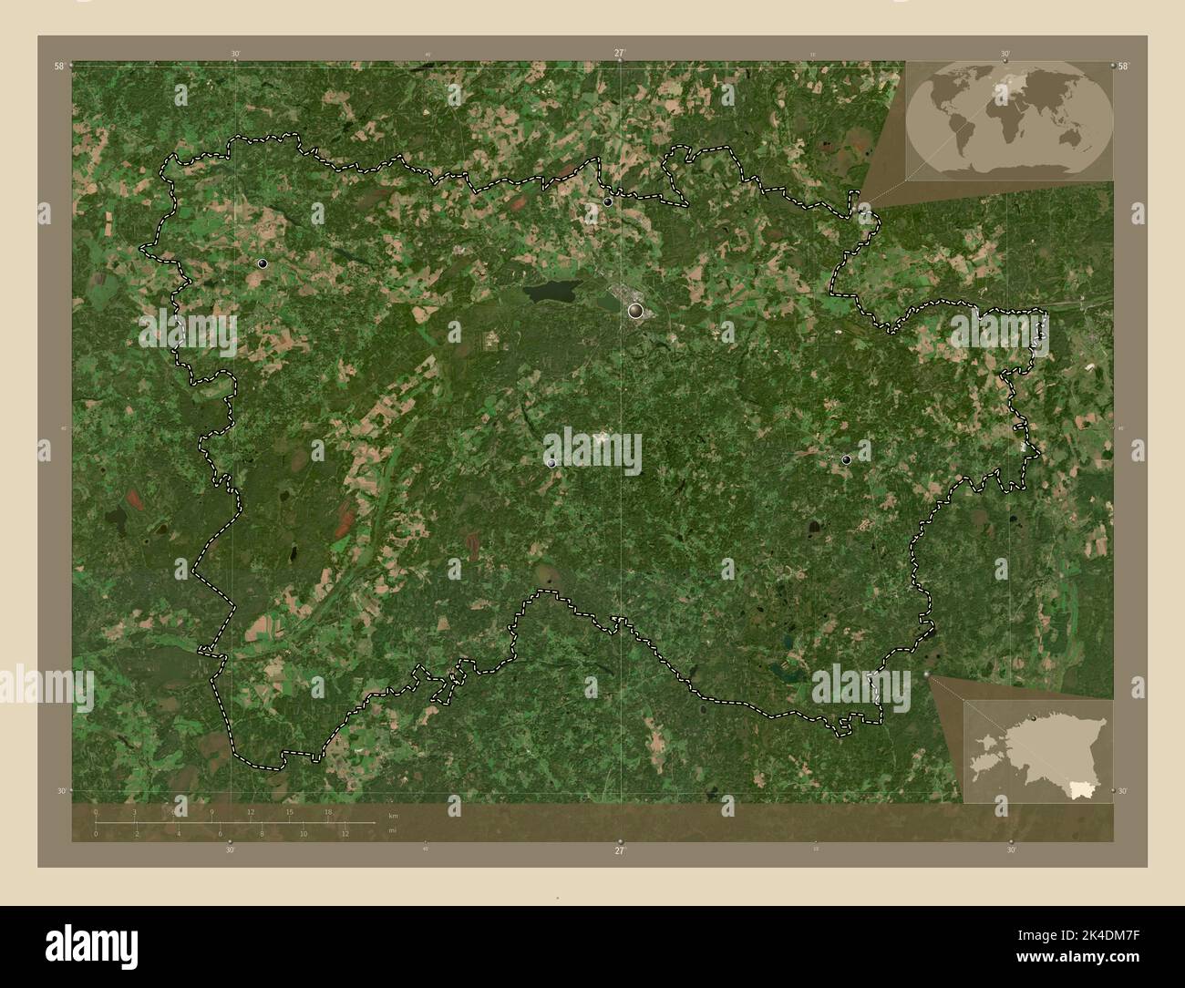 Voru, county of Estonia. High resolution satellite map. Locations of ...