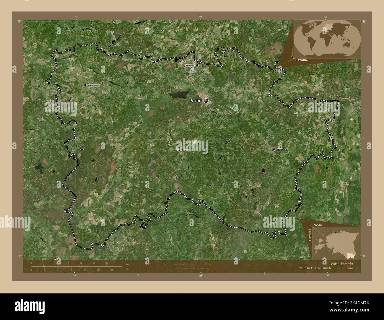 Voru, county of Estonia. Low resolution satellite map. Locations and ...