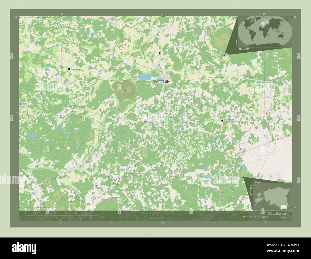 Voru, county of Estonia. Open Street Map. Locations and names of major ...