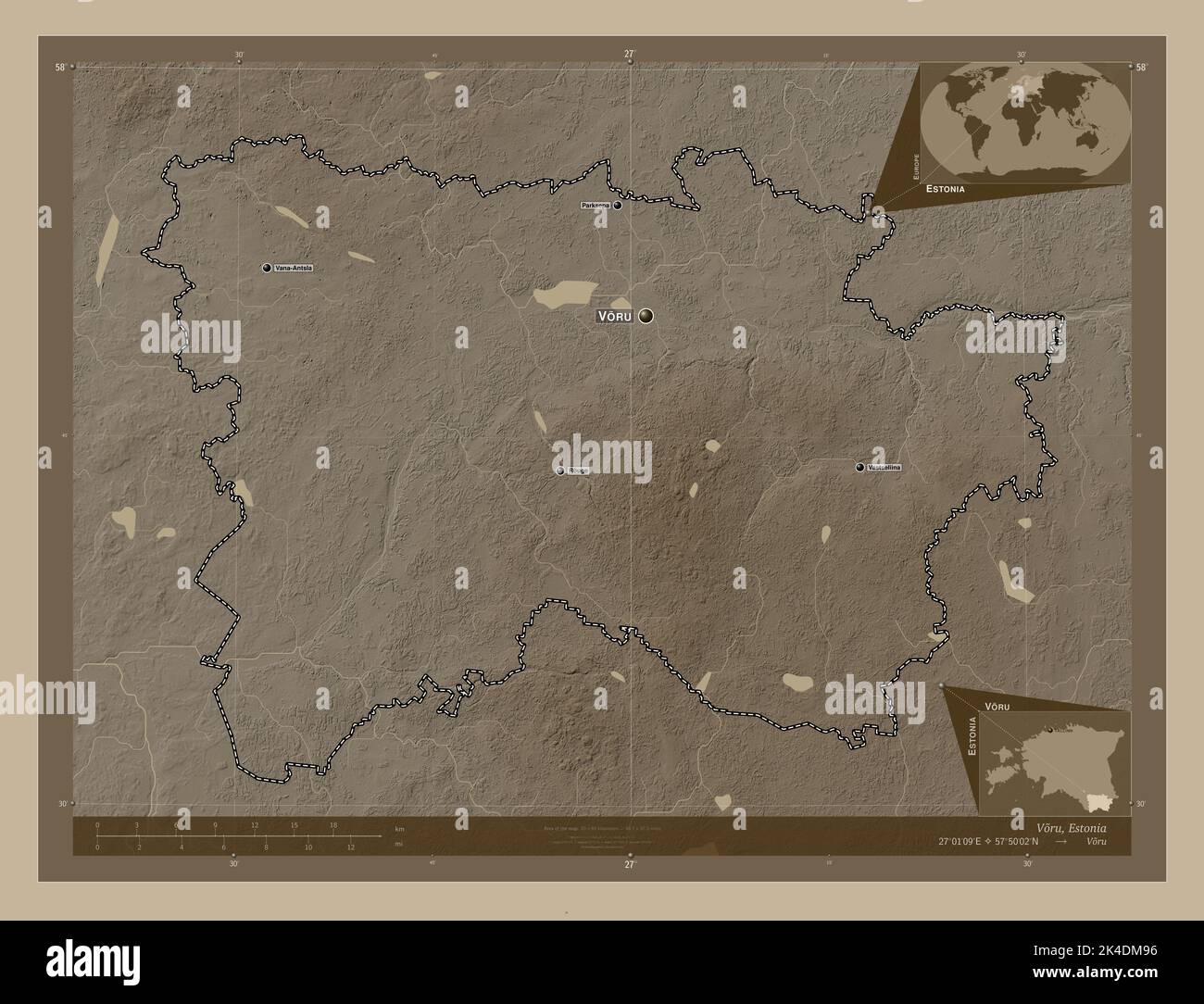 Voru, county of Estonia. Elevation map colored in sepia tones with ...