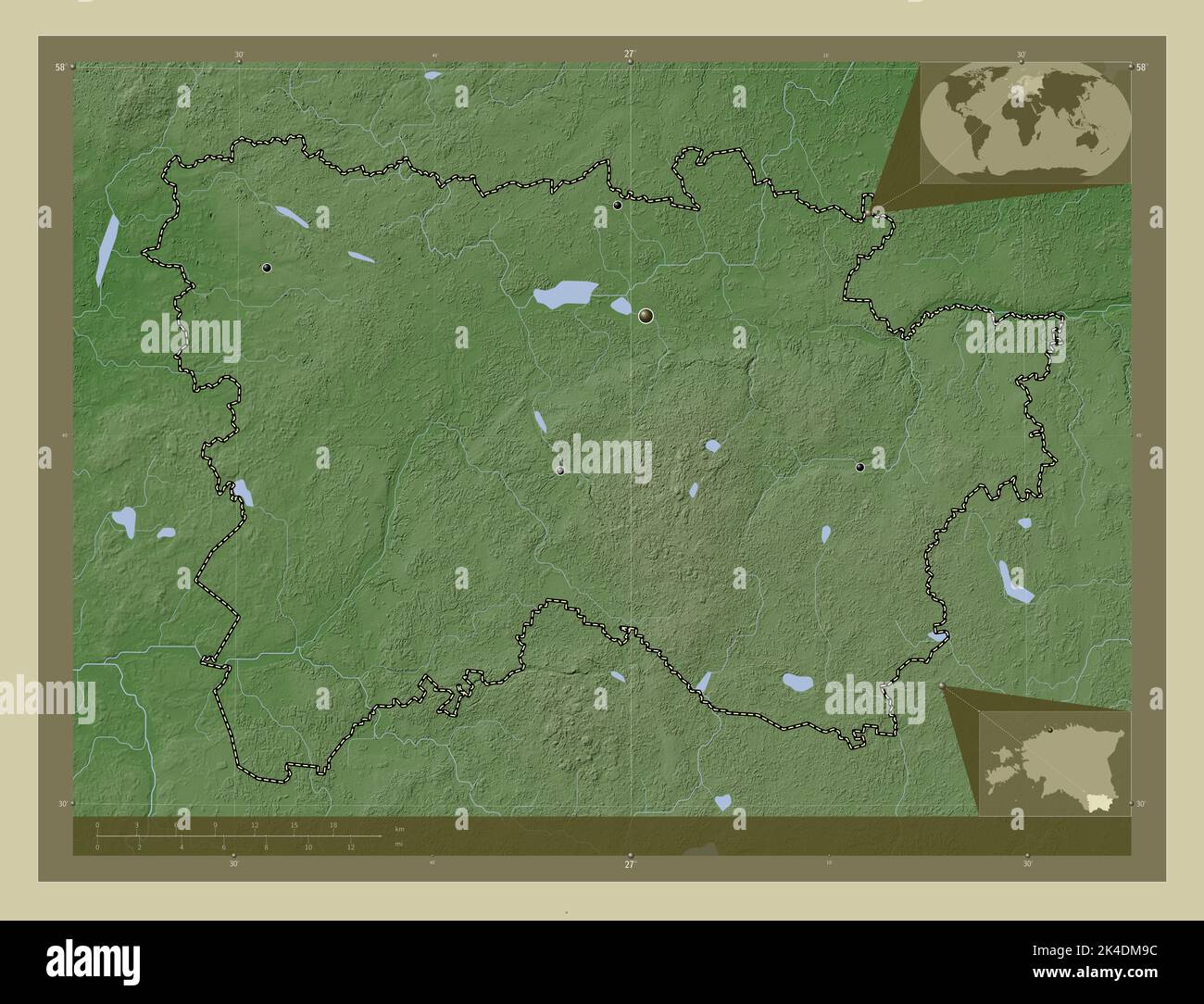 Voru, county of Estonia. Elevation map colored in wiki style with lakes ...