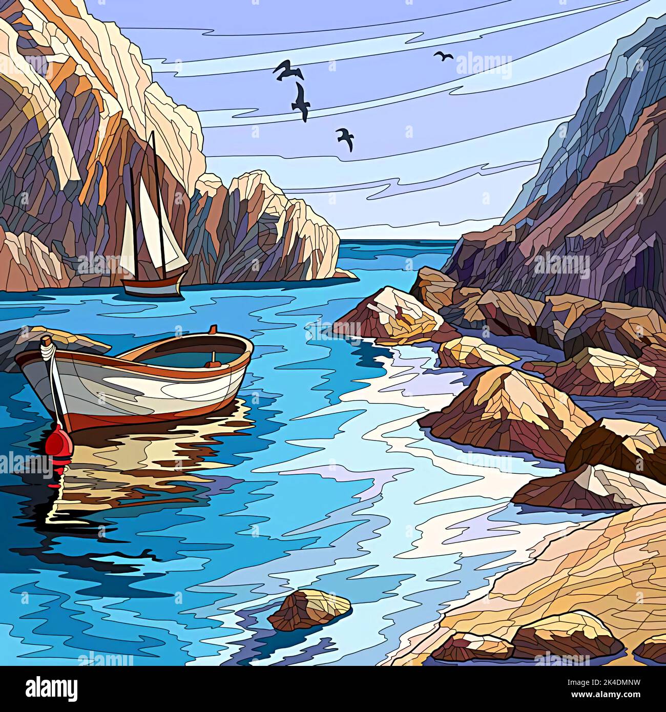 illustration of a boat and sailing ship in the sea and rocks near the ...