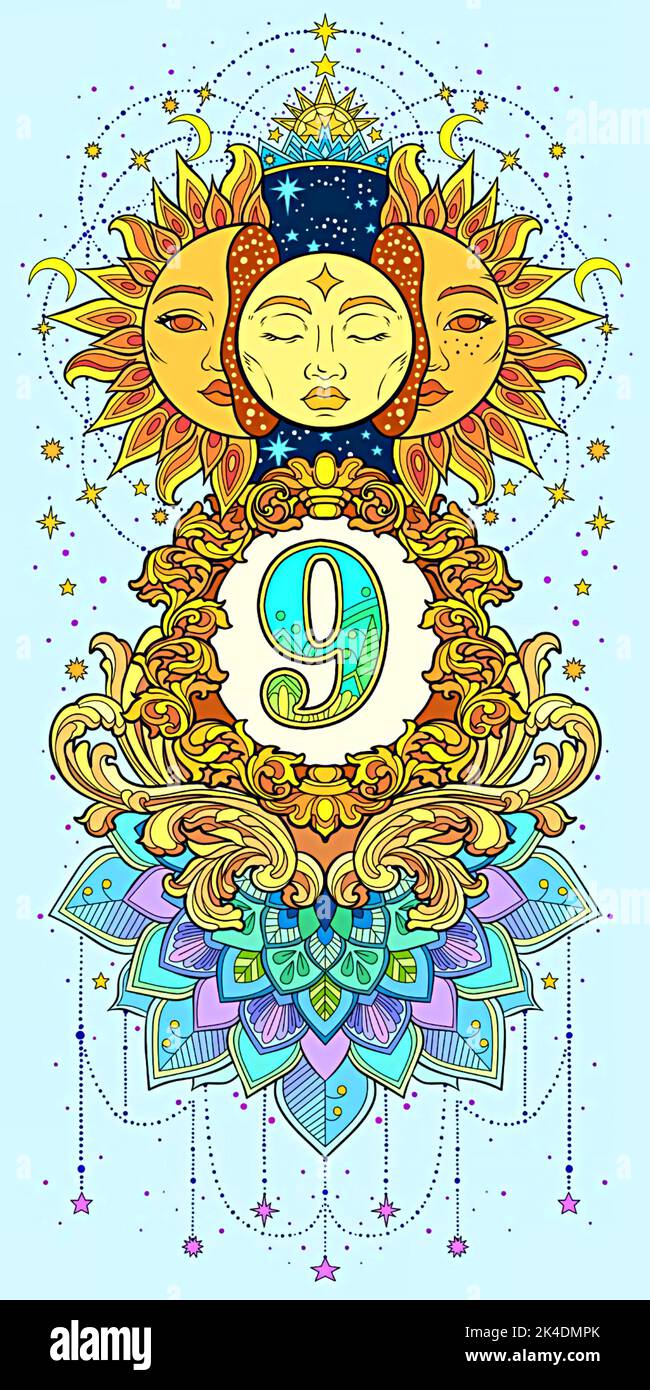 wallpaper illustration of a number nine with sun and mandala pattern ...