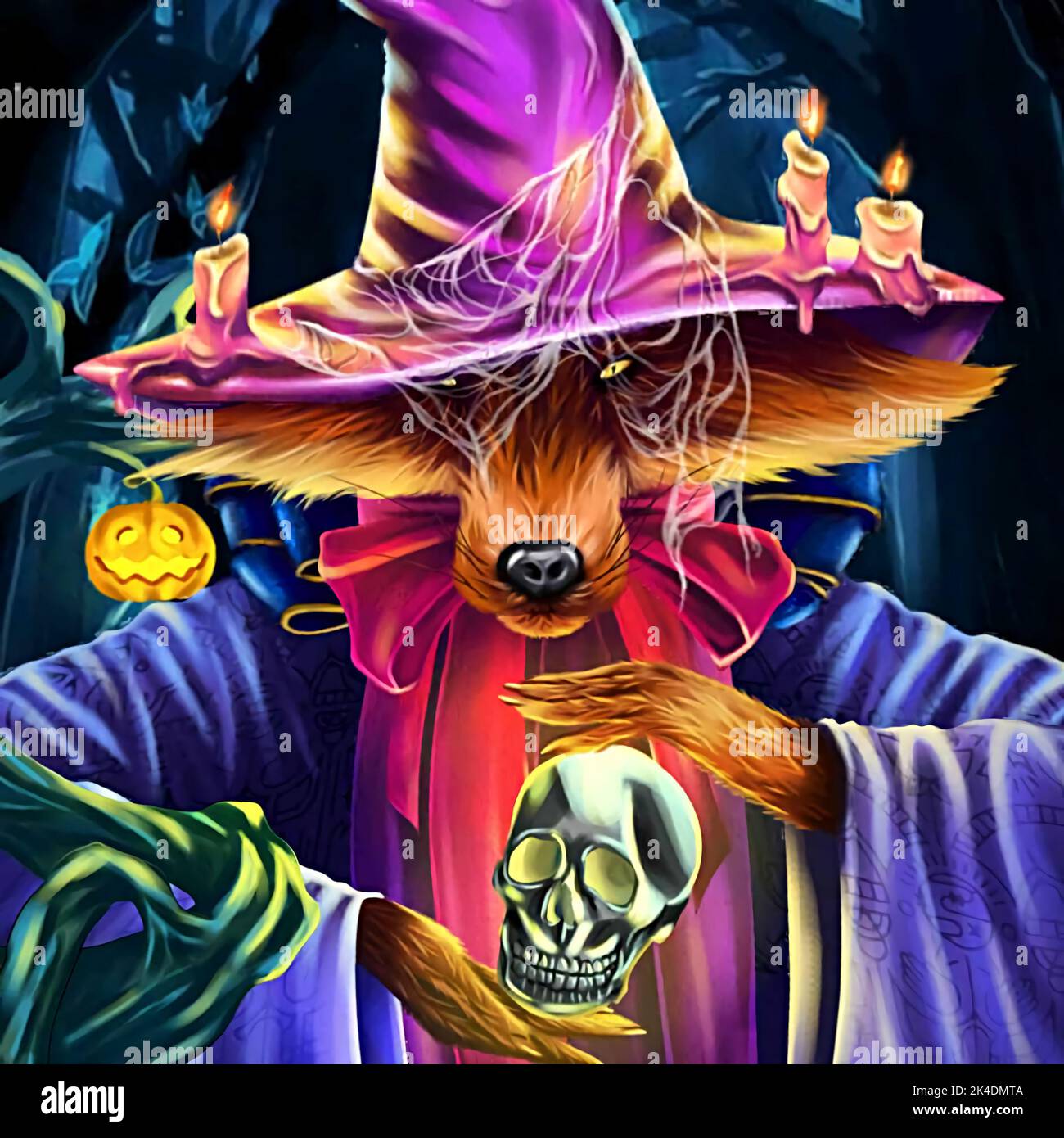 happy halloween, picture of a fox witch holding a skull in the forest ...