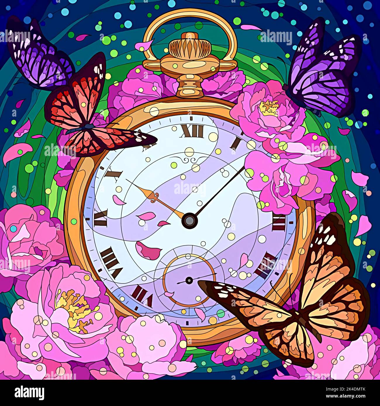illustration of a unique clock, pink flowers and orange and purple ...