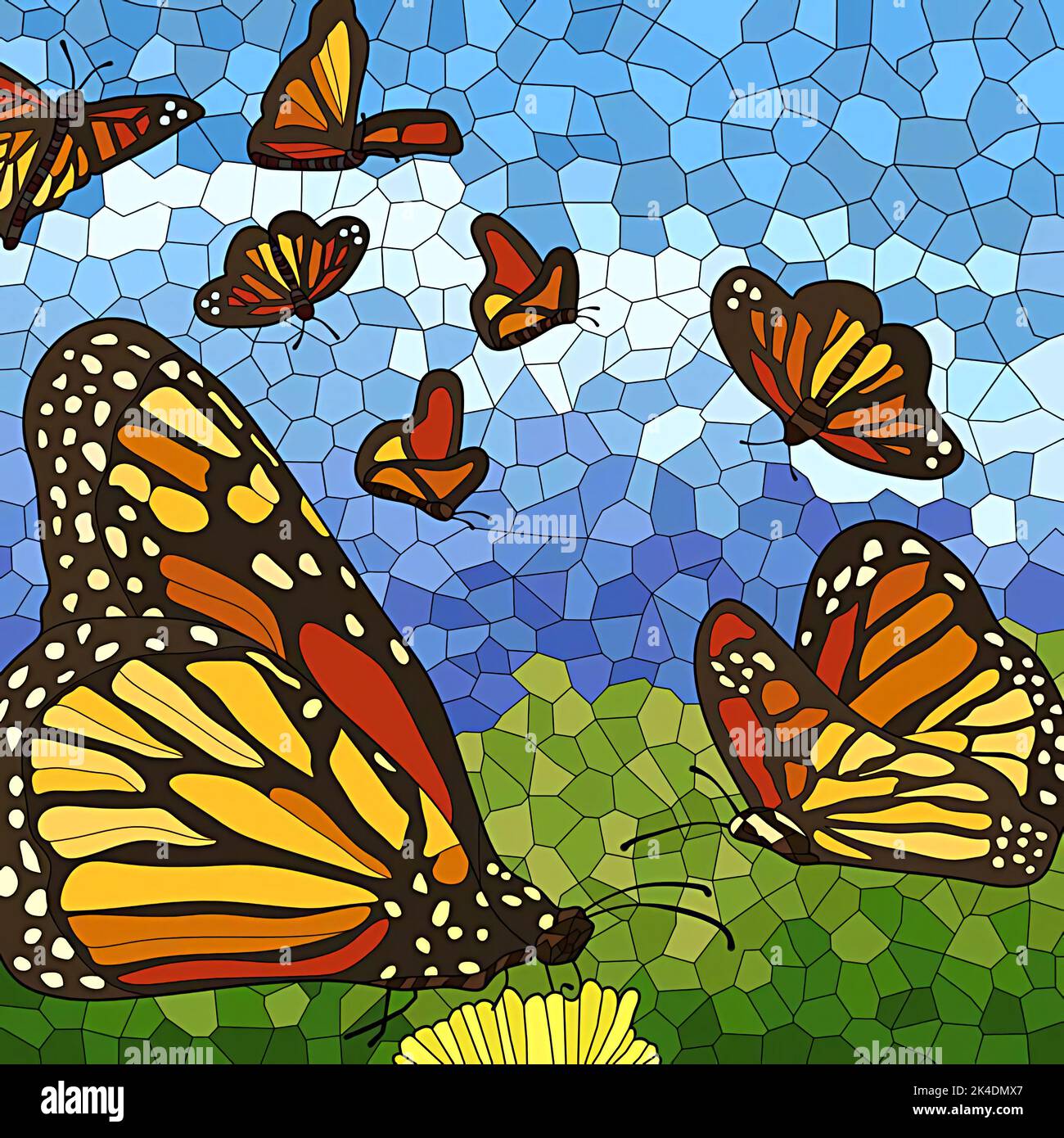 Illustration of three butterflies in orange and black color on a mosaic ...