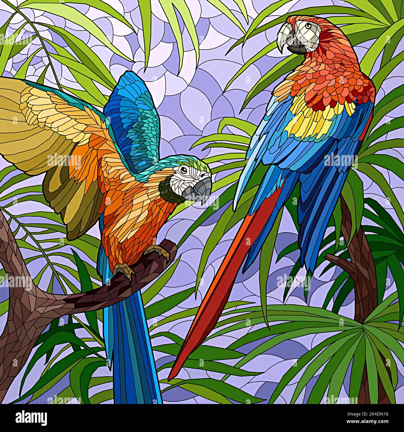 illustration of two colorful parrots on a tree branch Stock Photo - Alamy