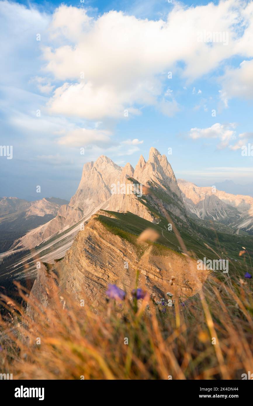 Stunning view of the Seceda ridge during a cloudy day. The Seceda with ...