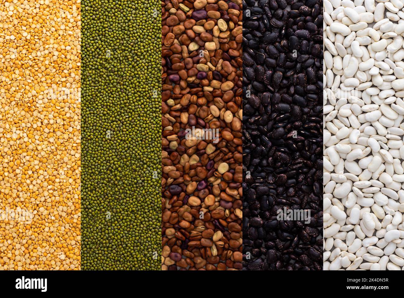Different types of legumes, mung beans and yellow peas, brown, white ...