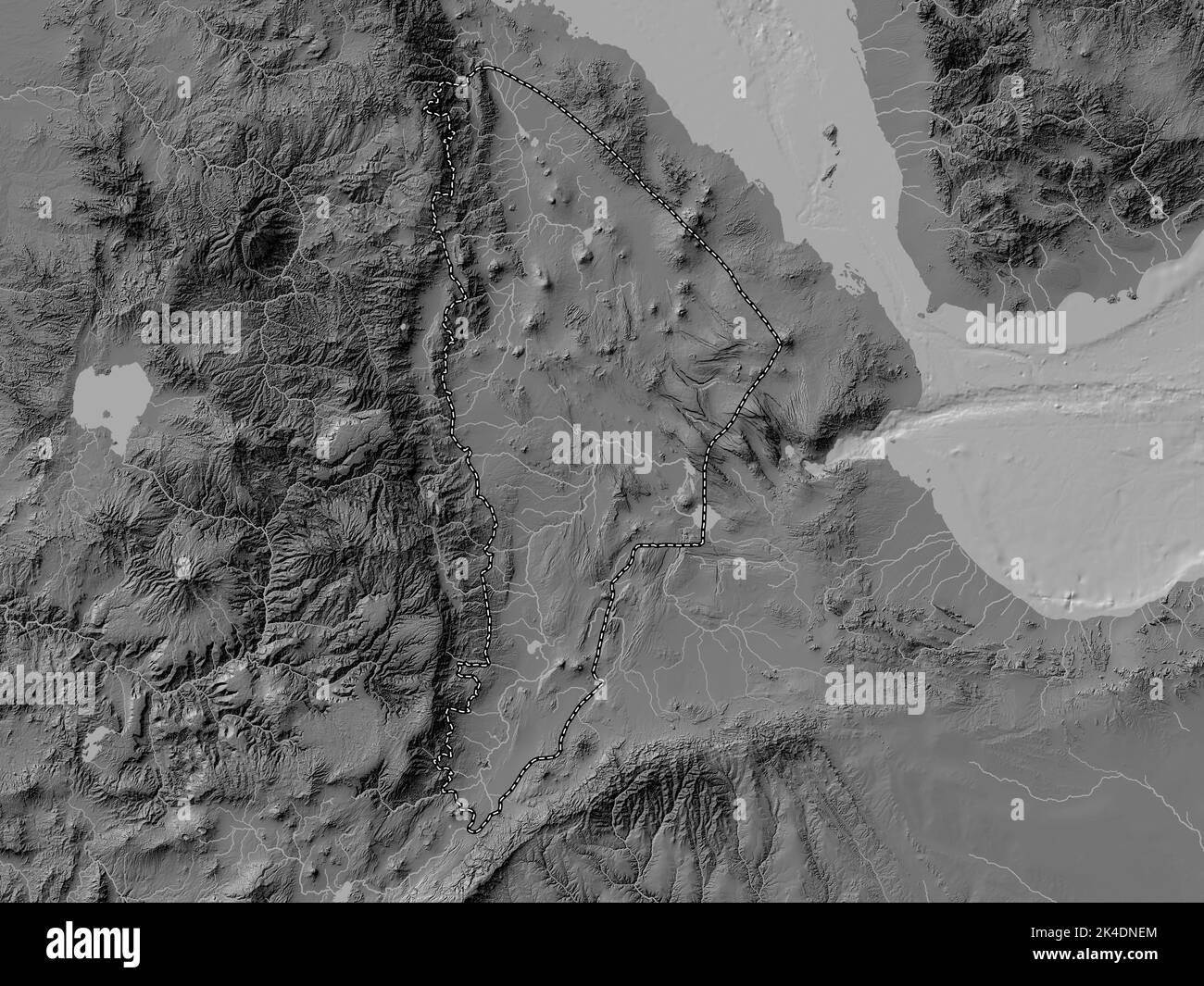 Afar, state of Ethiopia. Bilevel elevation map with lakes and rivers ...