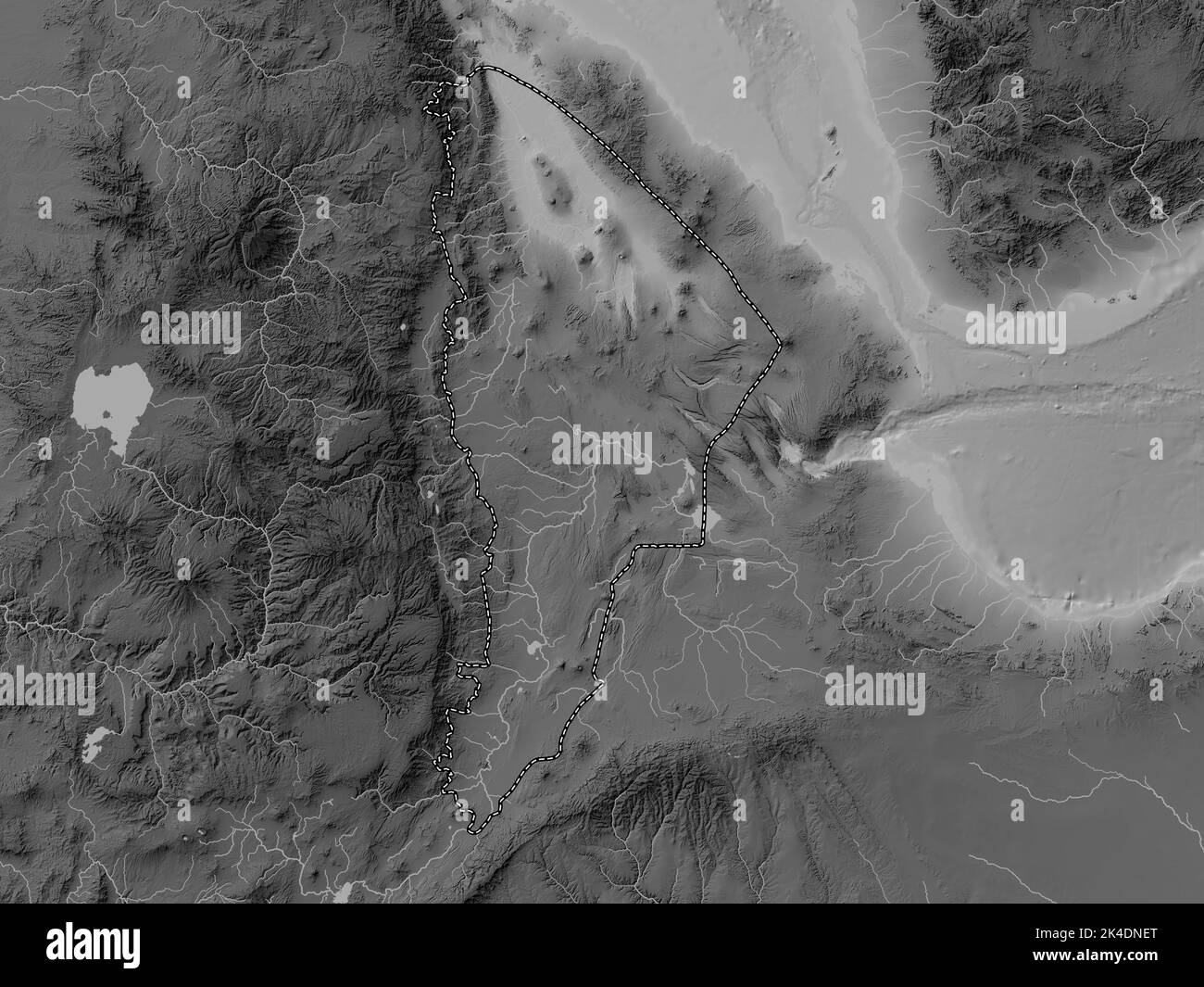 Afar, state of Ethiopia. Grayscale elevation map with lakes and rivers ...