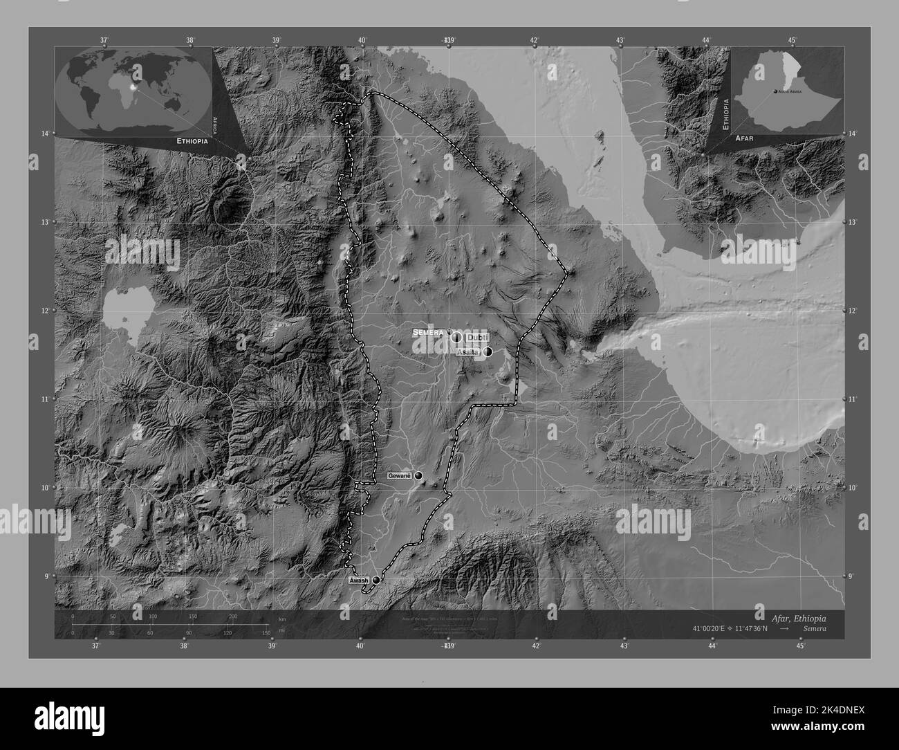 Afar, state of Ethiopia. Bilevel elevation map with lakes and rivers ...