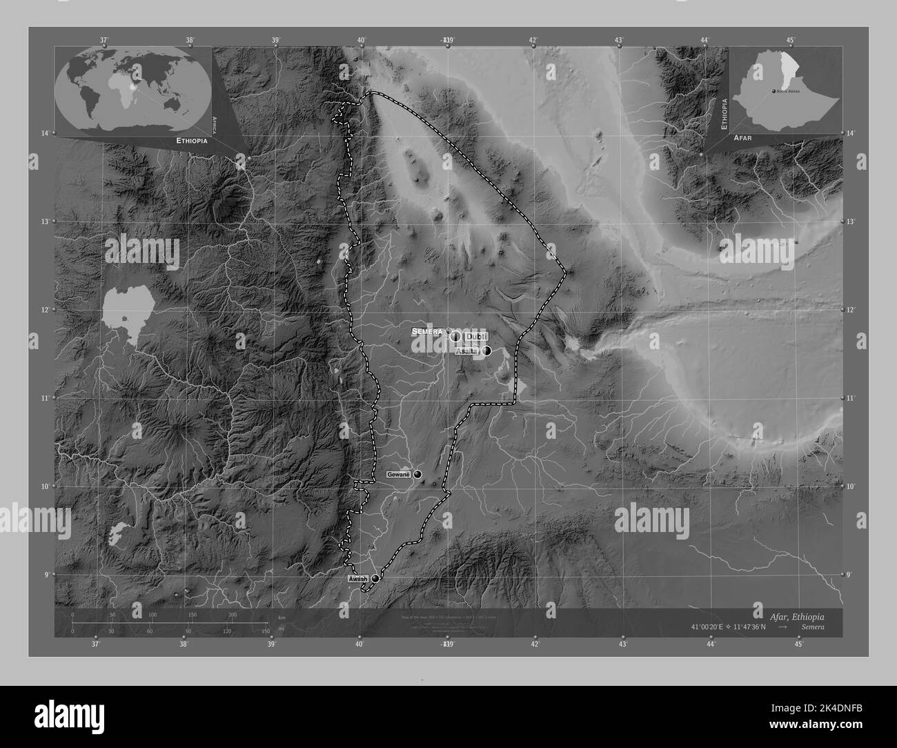 Afar, state of Ethiopia. Grayscale elevation map with lakes and rivers ...
