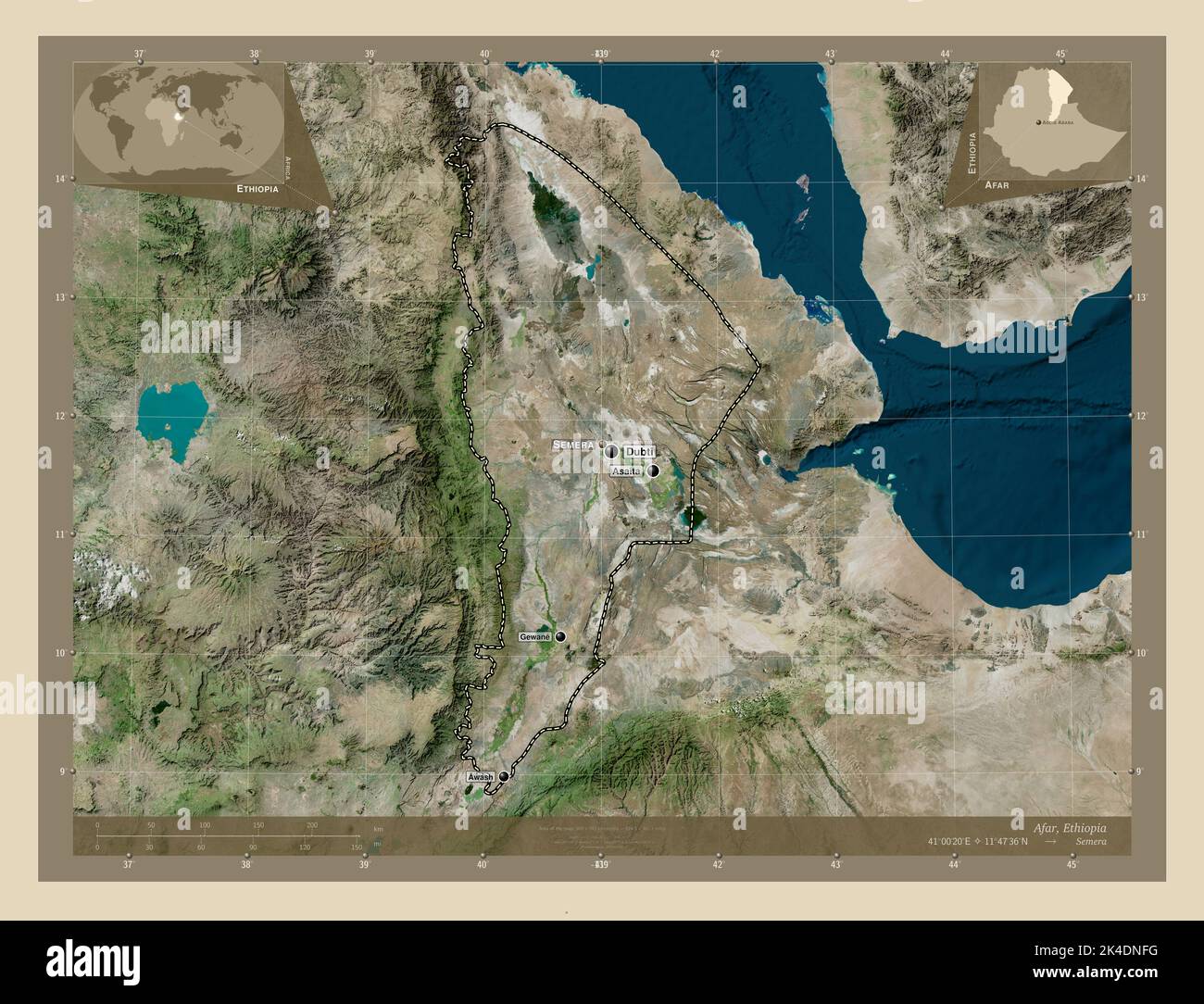 Afar, state of Ethiopia. High resolution satellite map. Locations and ...