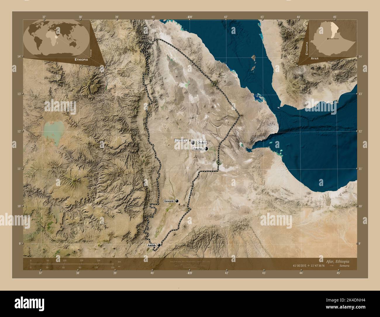 Afar, state of Ethiopia. Low resolution satellite map. Locations and ...