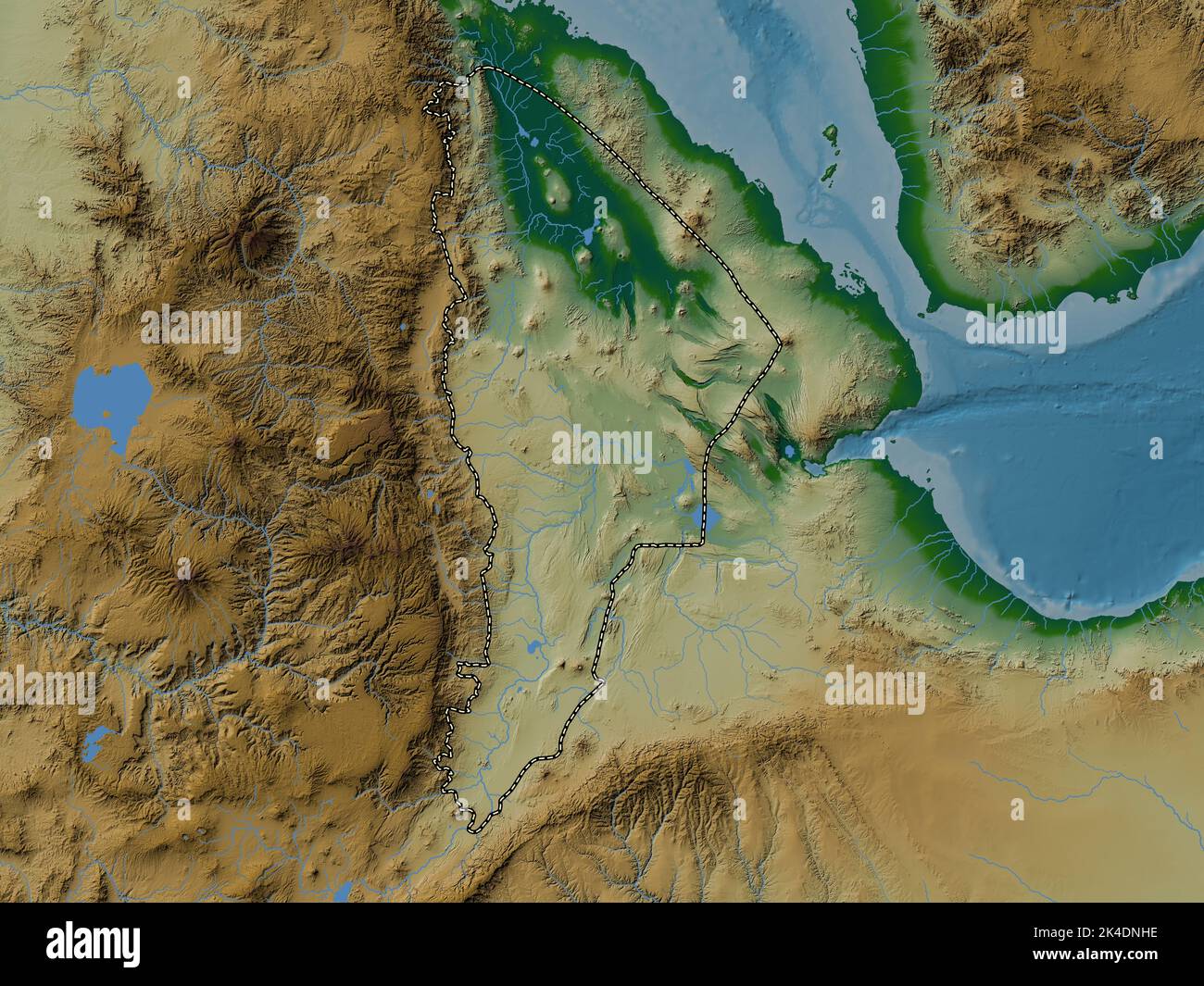 Afar, state of Ethiopia. Colored elevation map with lakes and rivers ...
