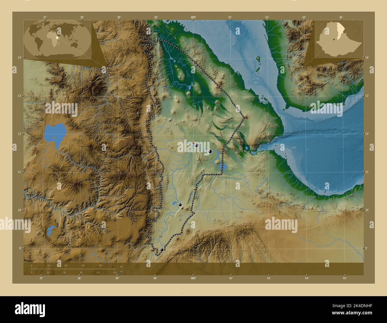 Afar, state of Ethiopia. Colored elevation map with lakes and rivers ...