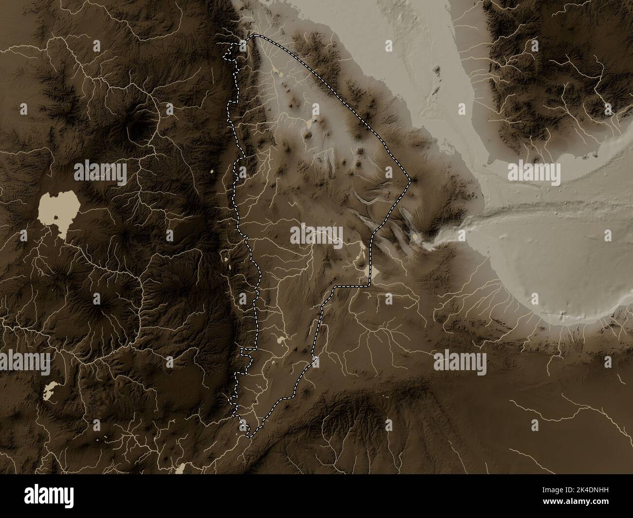 Afar, state of Ethiopia. Elevation map colored in sepia tones with ...