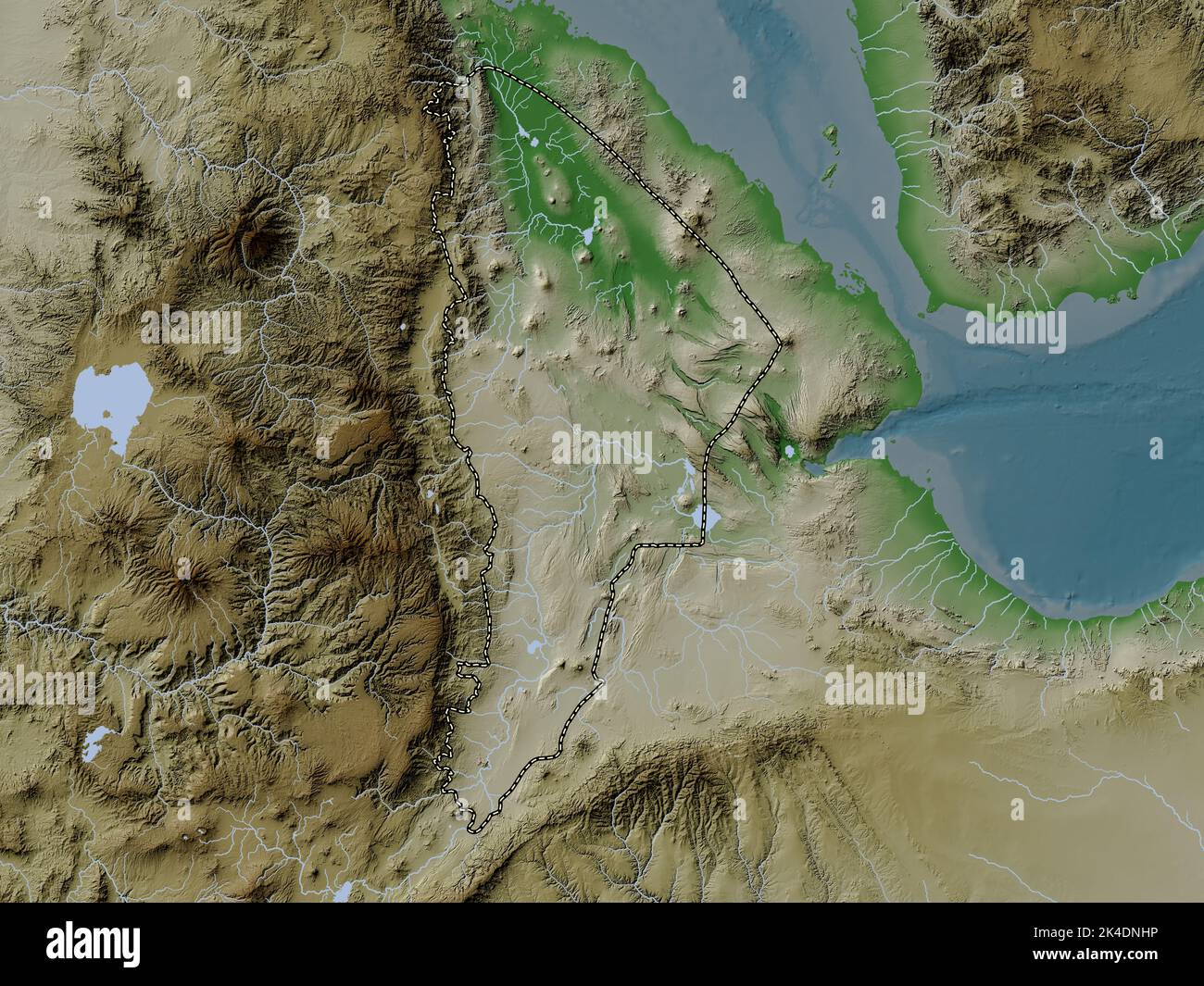 Afar, state of Ethiopia. Elevation map colored in wiki style with lakes ...