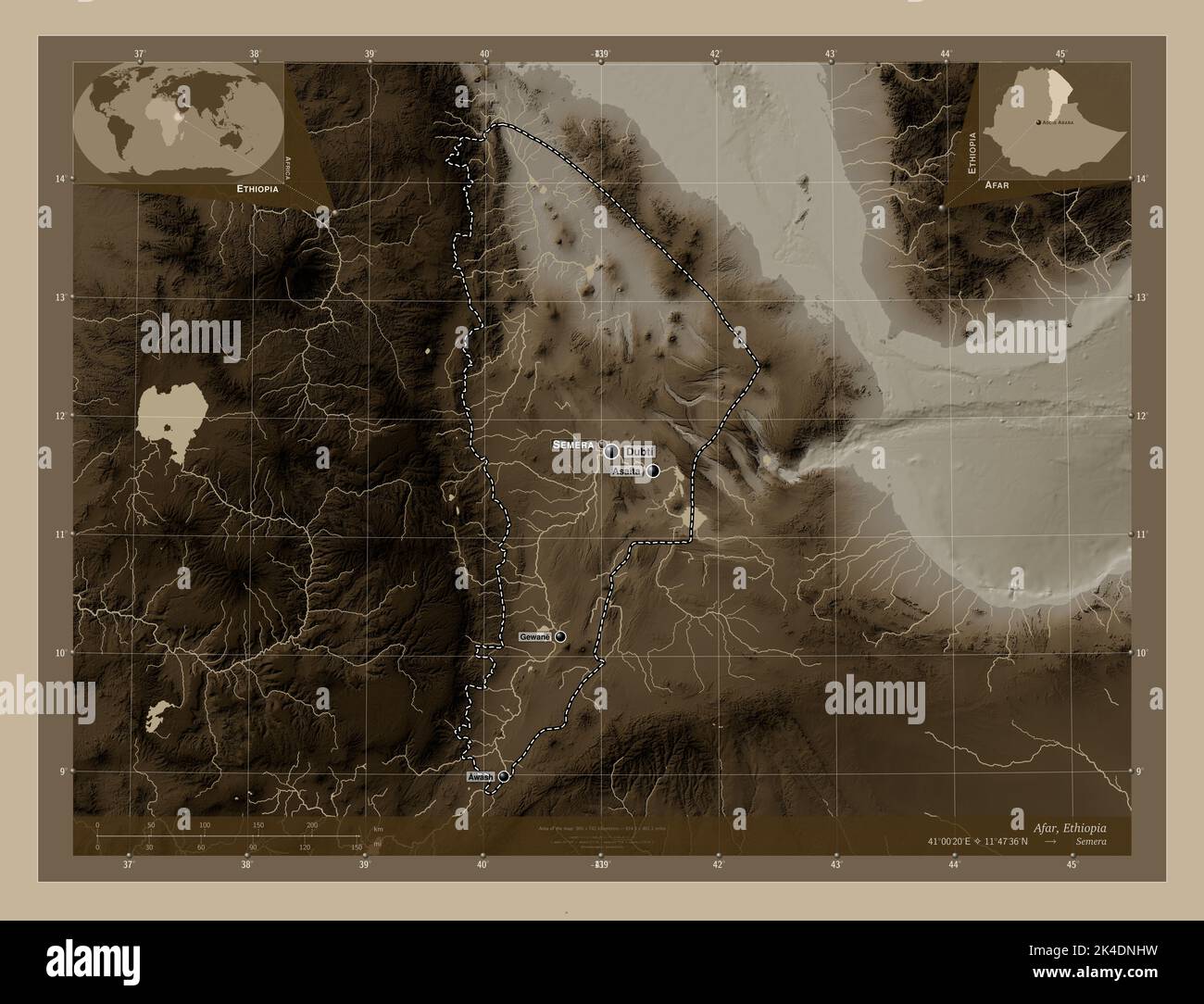 Afar, state of Ethiopia. Elevation map colored in sepia tones with ...