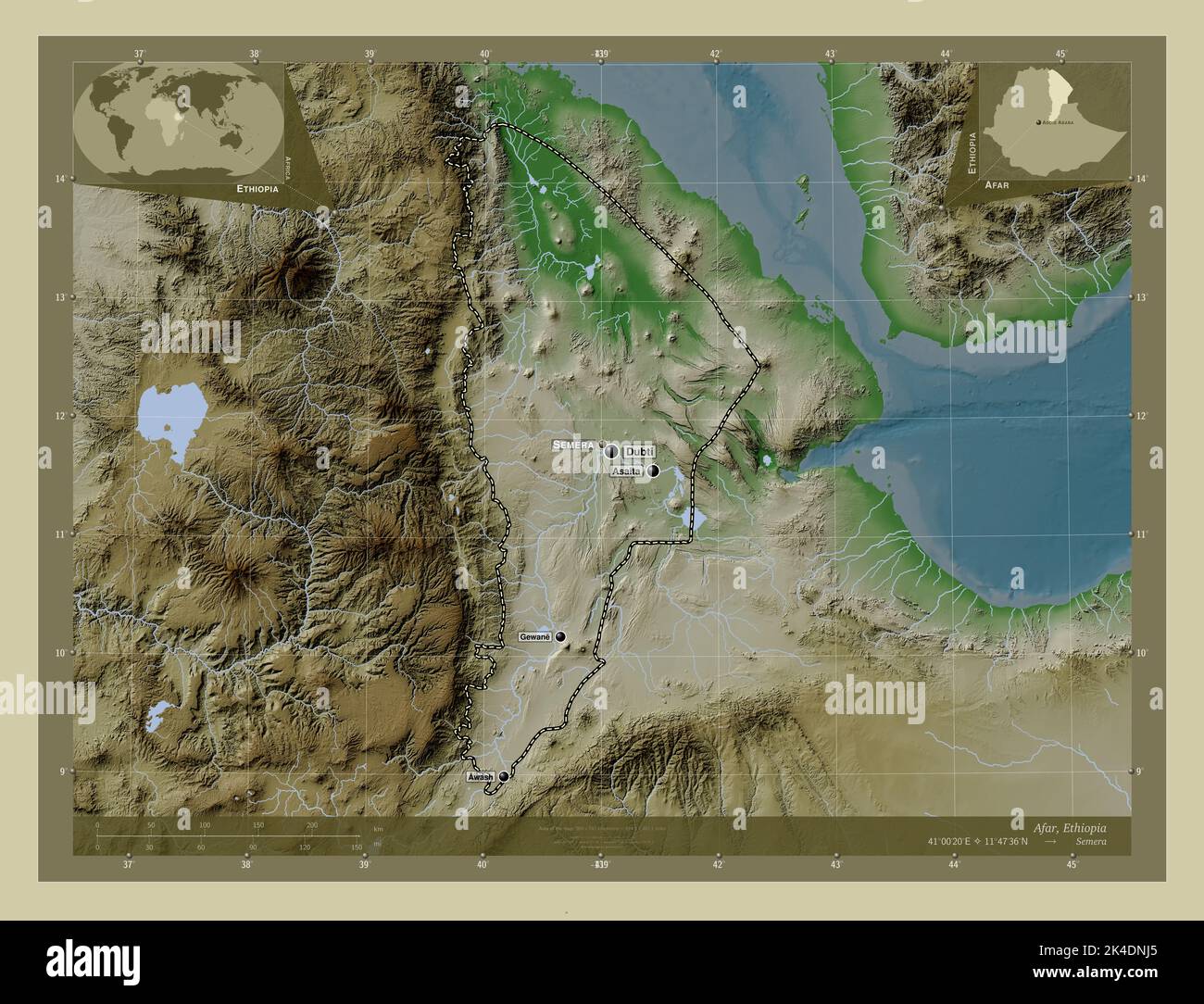 Afar, state of Ethiopia. Elevation map colored in wiki style with lakes ...
