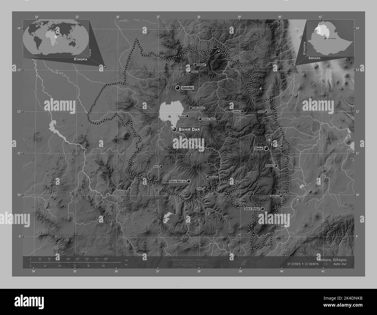 Amhara, state of Ethiopia. Grayscale elevation map with lakes and ...