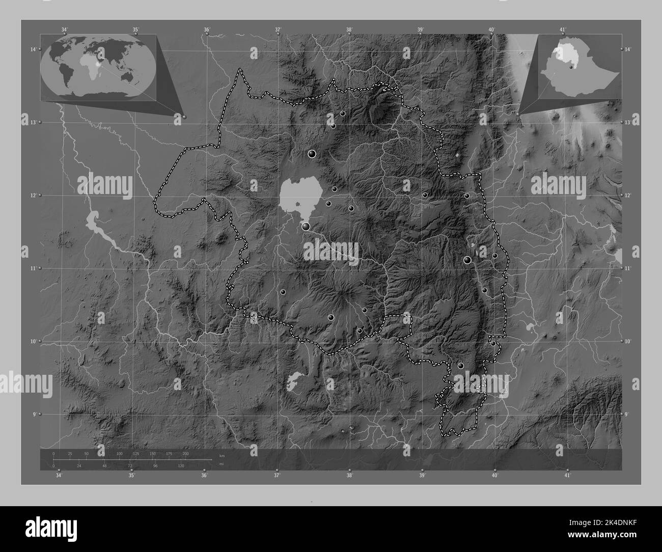 Amhara, state of Ethiopia. Grayscale elevation map with lakes and ...