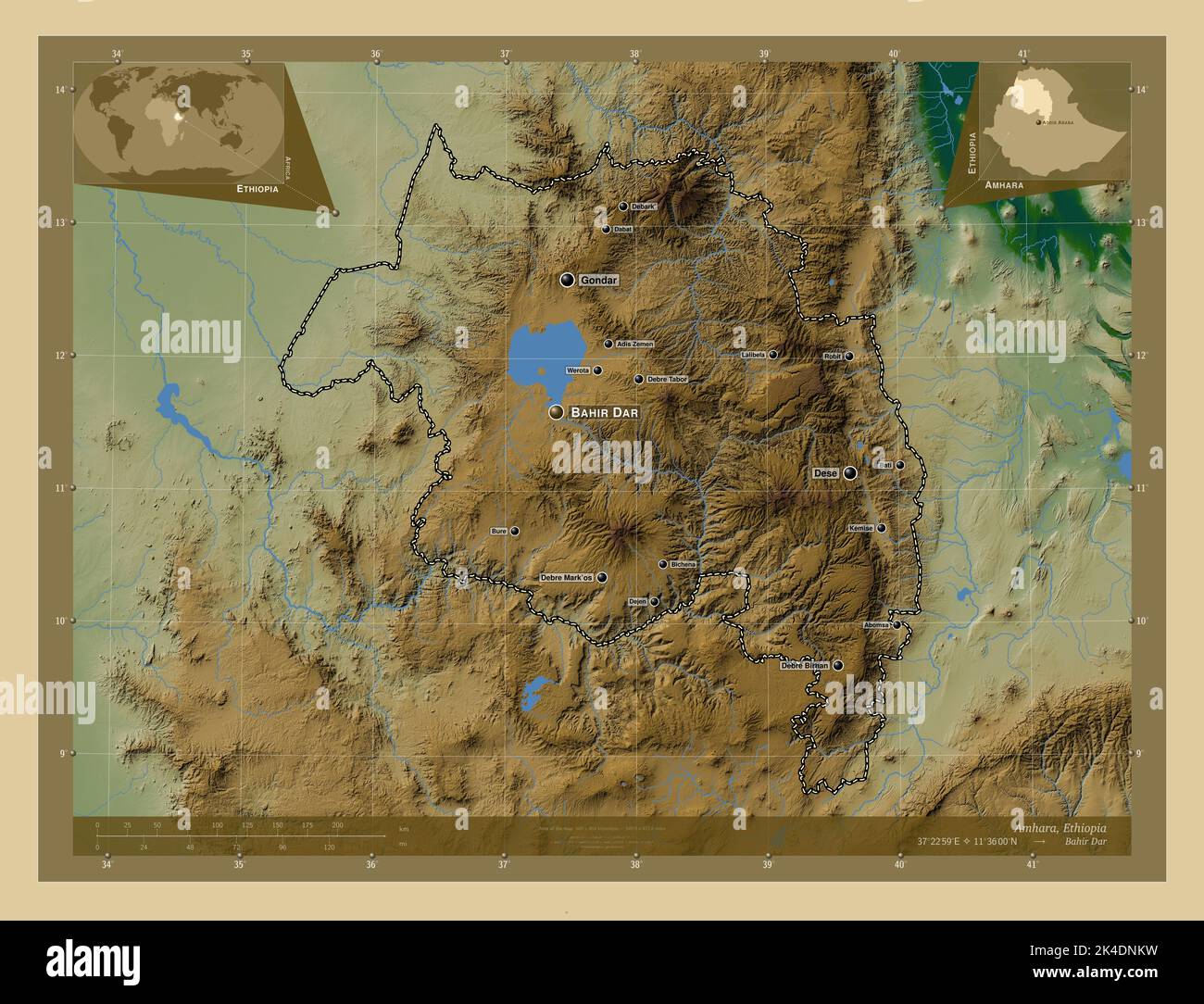 Amhara, state of Ethiopia. Colored elevation map with lakes and rivers ...