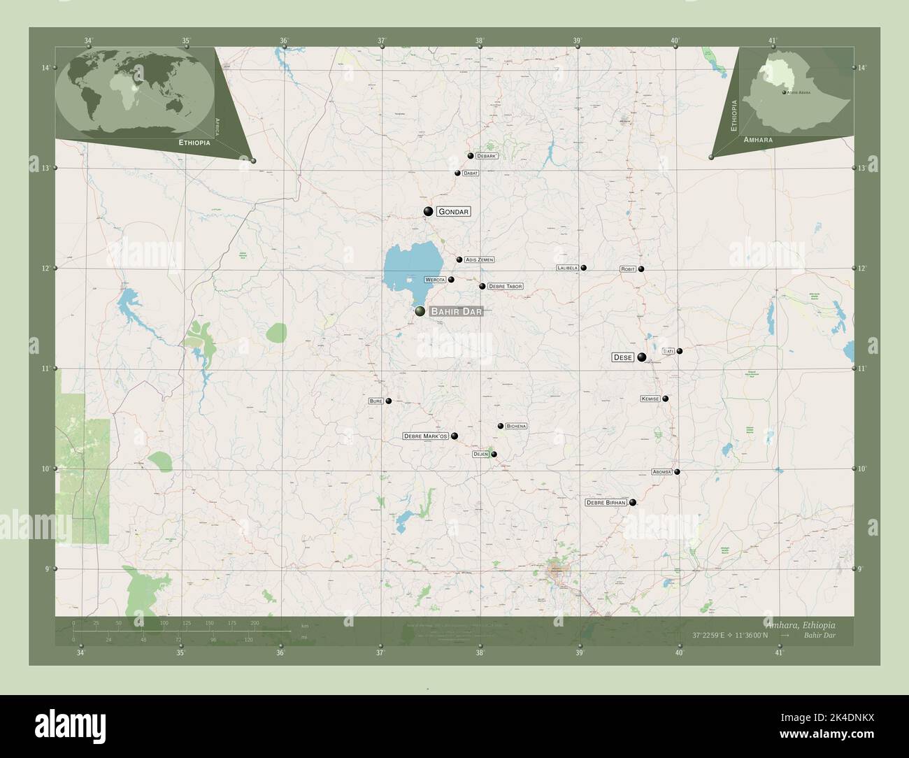 Amhara, state of Ethiopia. High resolution satellite map. Locations and ...