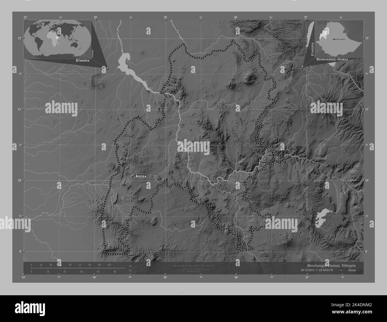 Benshangul-Gumaz, state of Ethiopia. Grayscale elevation map with lakes ...