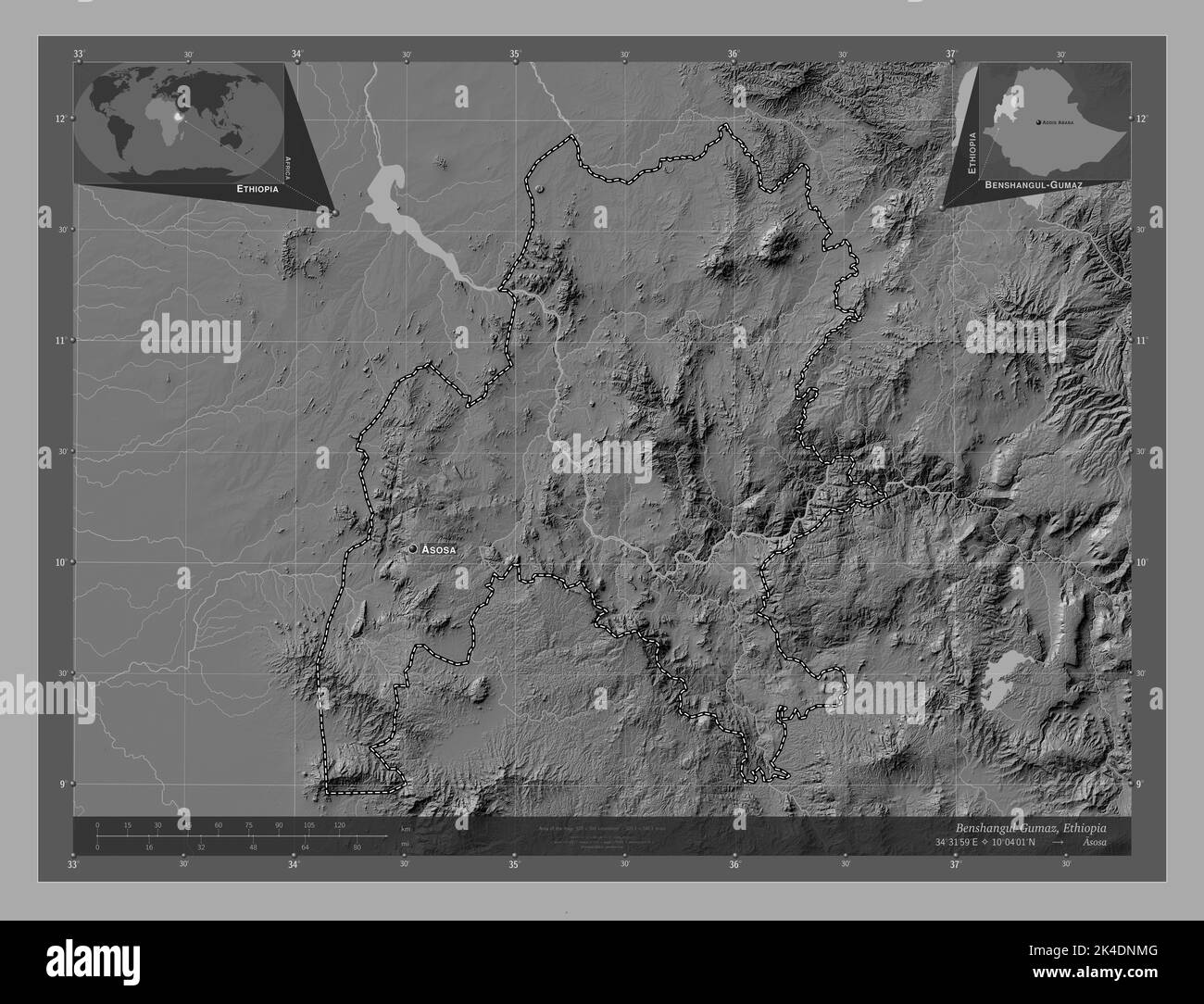 Benshangul-Gumaz, state of Ethiopia. Bilevel elevation map with lakes ...