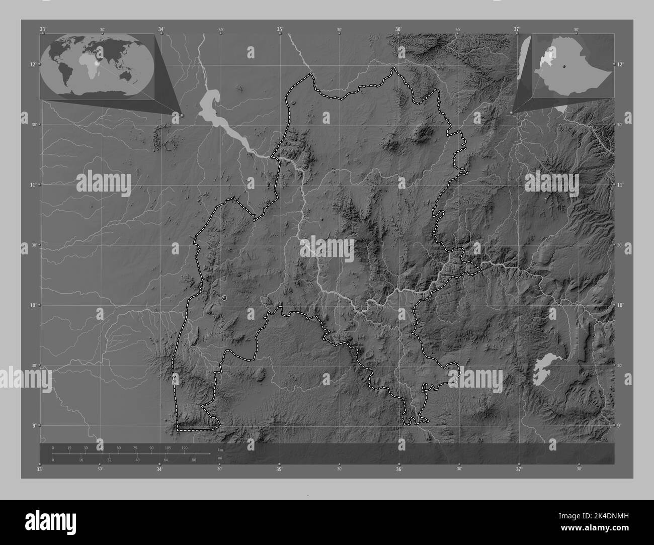 Benshangul-Gumaz, state of Ethiopia. Grayscale elevation map with lakes ...