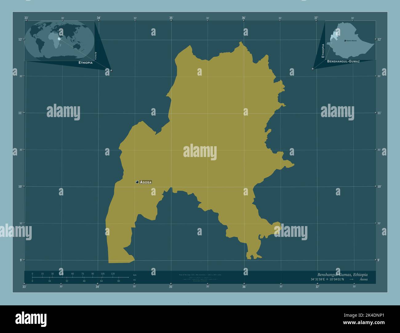 Benshangul-Gumaz, state of Ethiopia. Solid color shape. Locations and ...