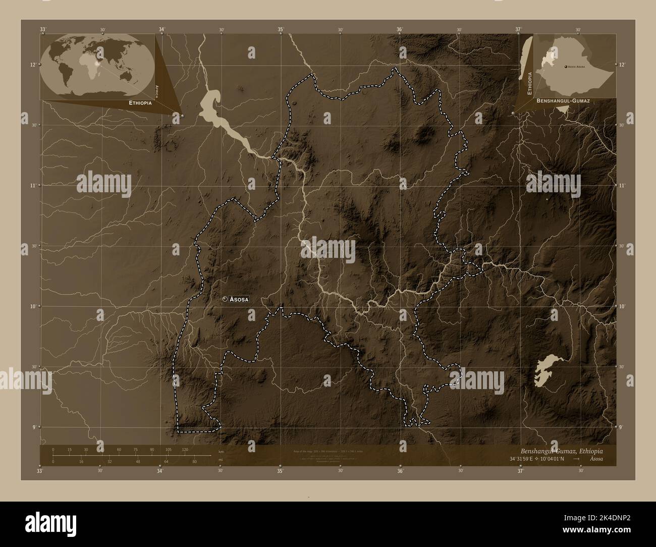 Benshangul-Gumaz, state of Ethiopia. Elevation map colored in sepia ...