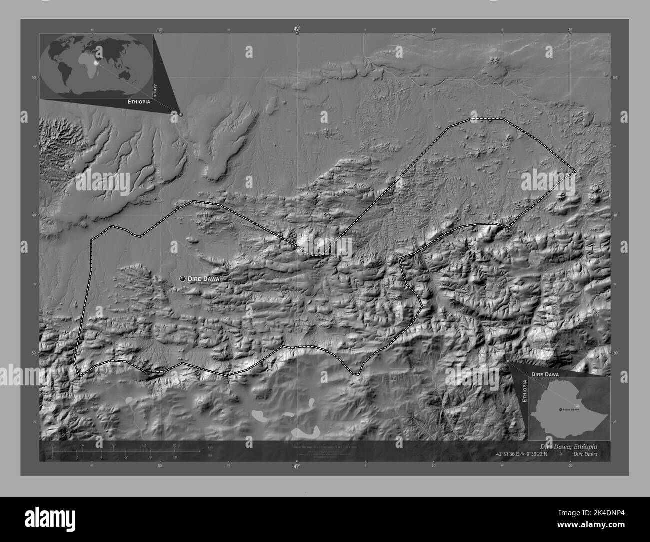 Dire Dawa, city of Ethiopia. Bilevel elevation map with lakes and ...