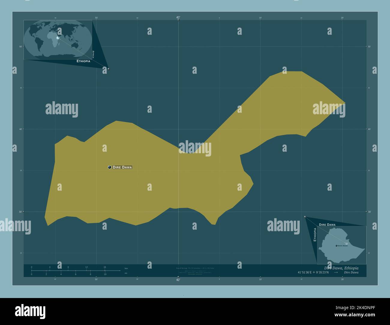 Dire Dawa, city of Ethiopia. Solid color shape. Locations and names of ...