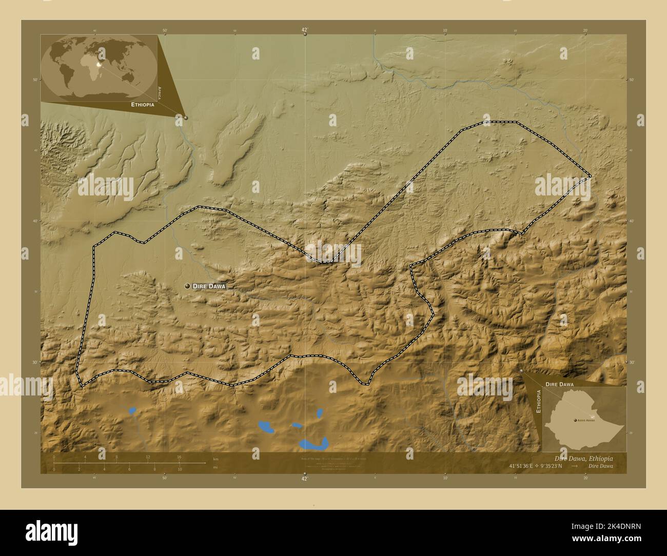 Dire Dawa, city of Ethiopia. Colored elevation map with lakes and ...