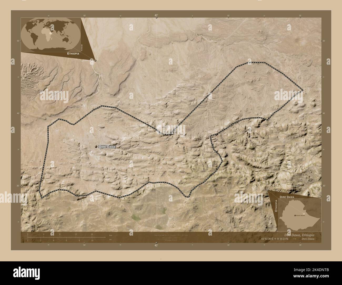 Dire Dawa, city of Ethiopia. Low resolution satellite map. Locations ...