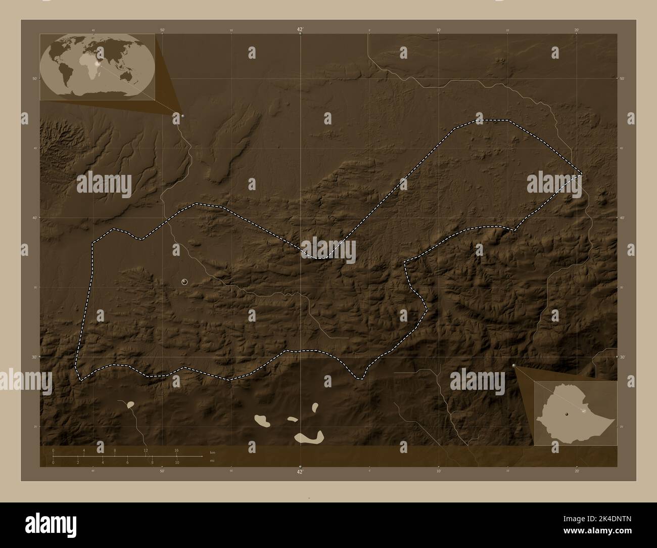 Dire Dawa, city of Ethiopia. Elevation map colored in sepia tones with ...