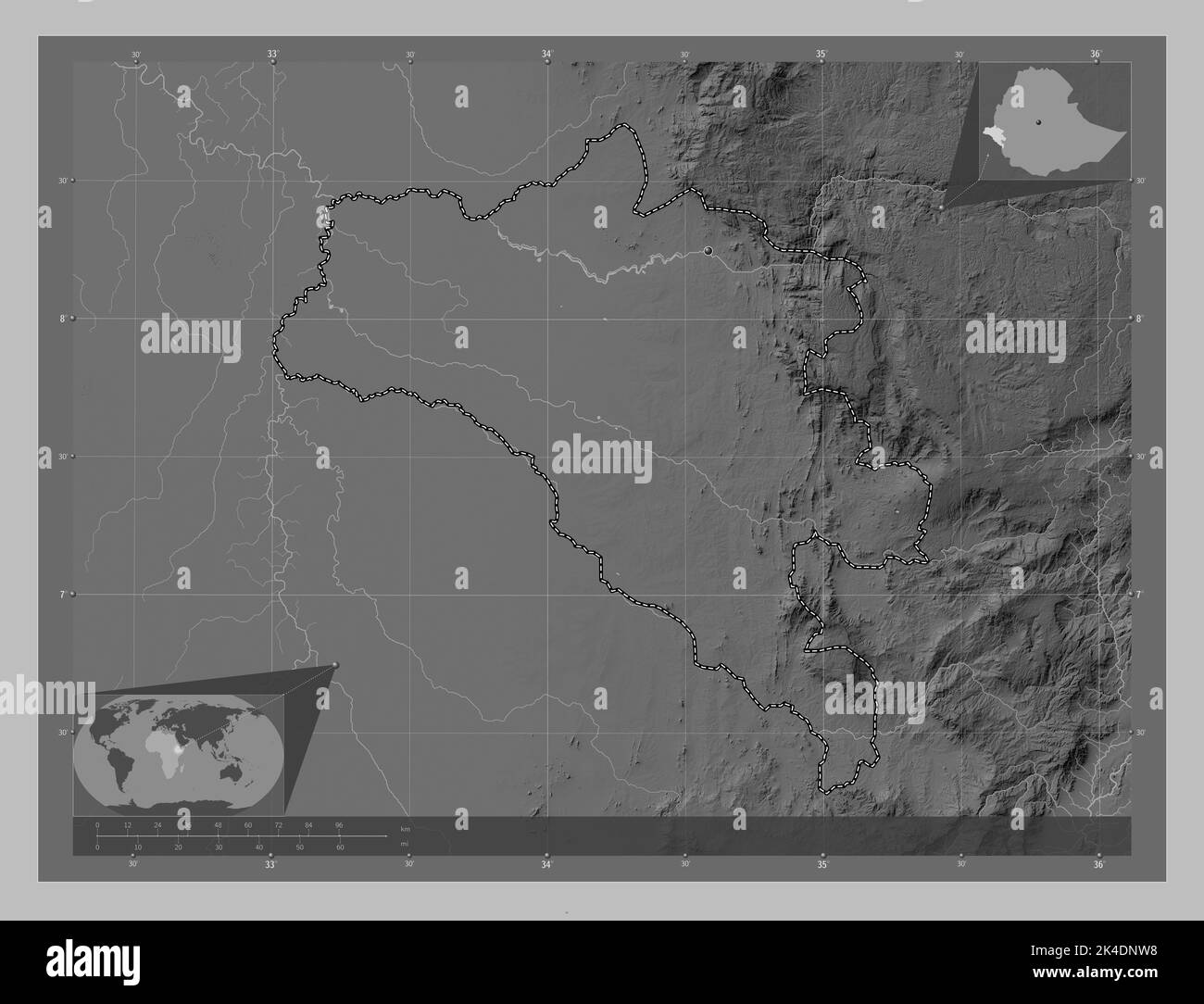 Gambela Peoples, state of Ethiopia. Grayscale elevation map with lakes ...