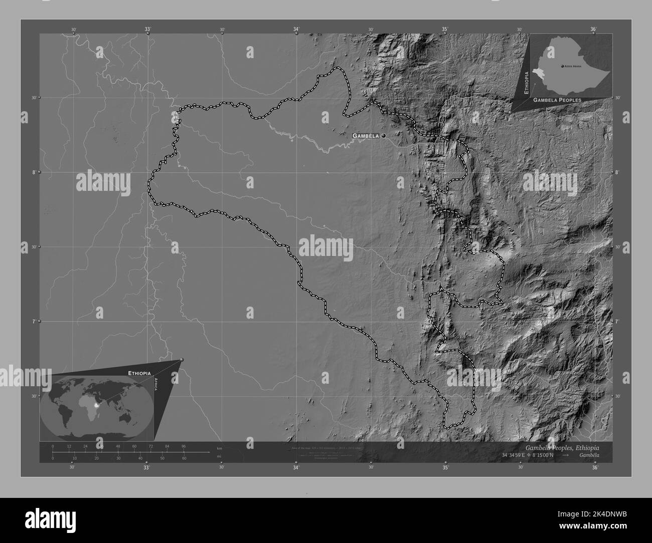 Gambela Peoples, state of Ethiopia. Bilevel elevation map with lakes ...