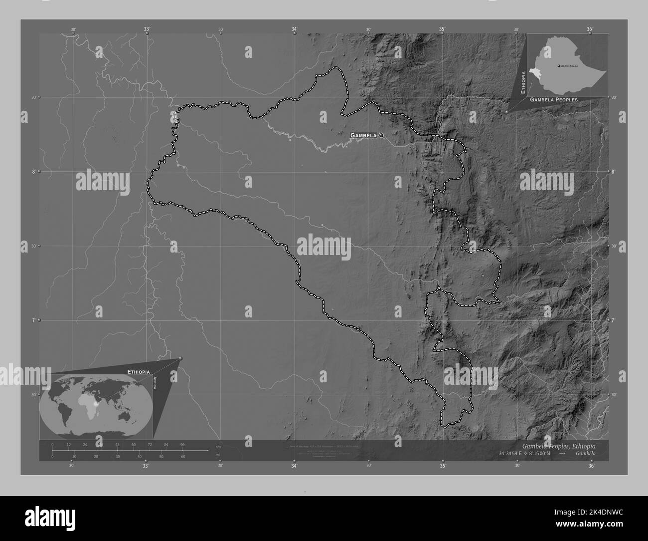 Gambela Peoples, state of Ethiopia. Grayscale elevation map with lakes ...
