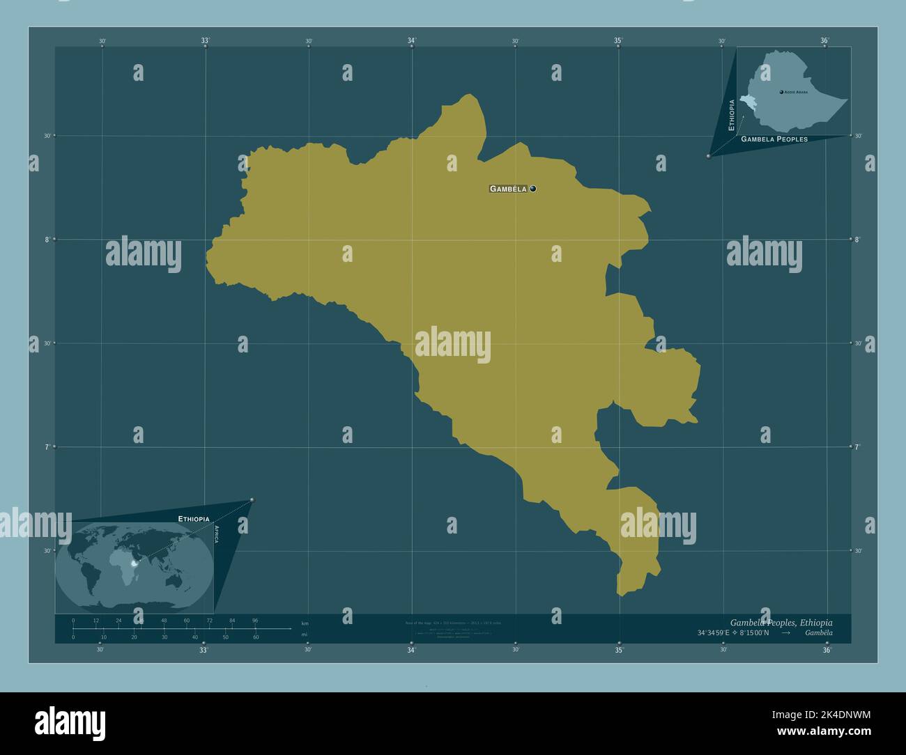 Gambela Peoples, state of Ethiopia. Solid color shape. Locations and ...