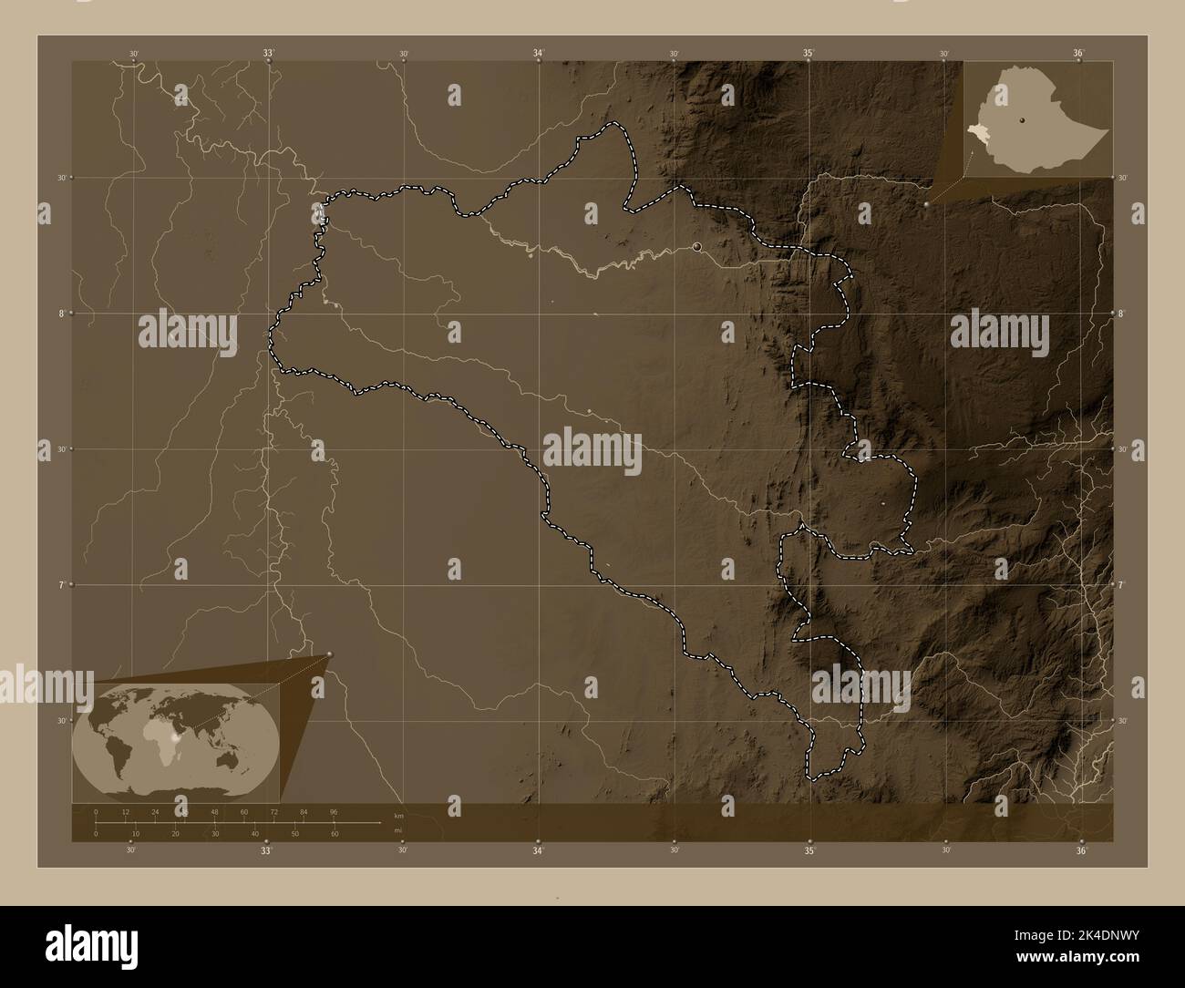 Gambela Peoples, state of Ethiopia. Elevation map colored in sepia ...