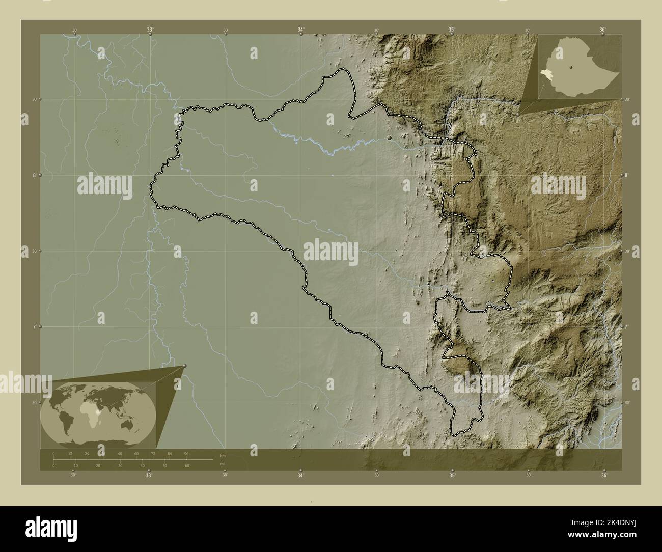 Gambela Peoples, state of Ethiopia. Elevation map colored in wiki style ...