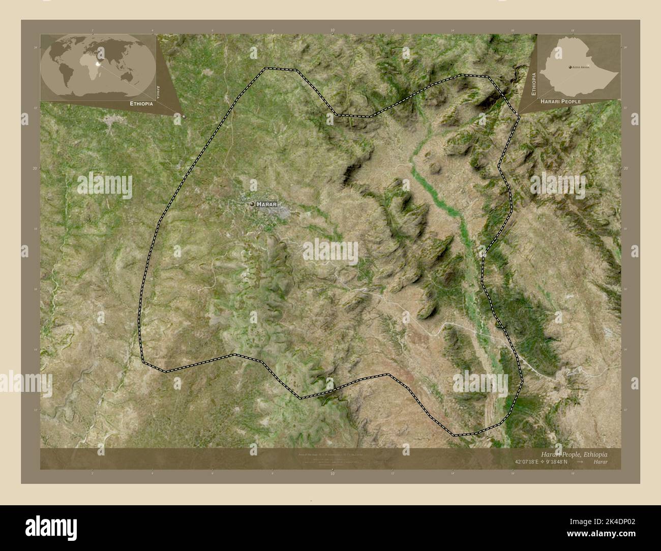 Harari People, state of Ethiopia. High resolution satellite map. Locations and names of major ...
