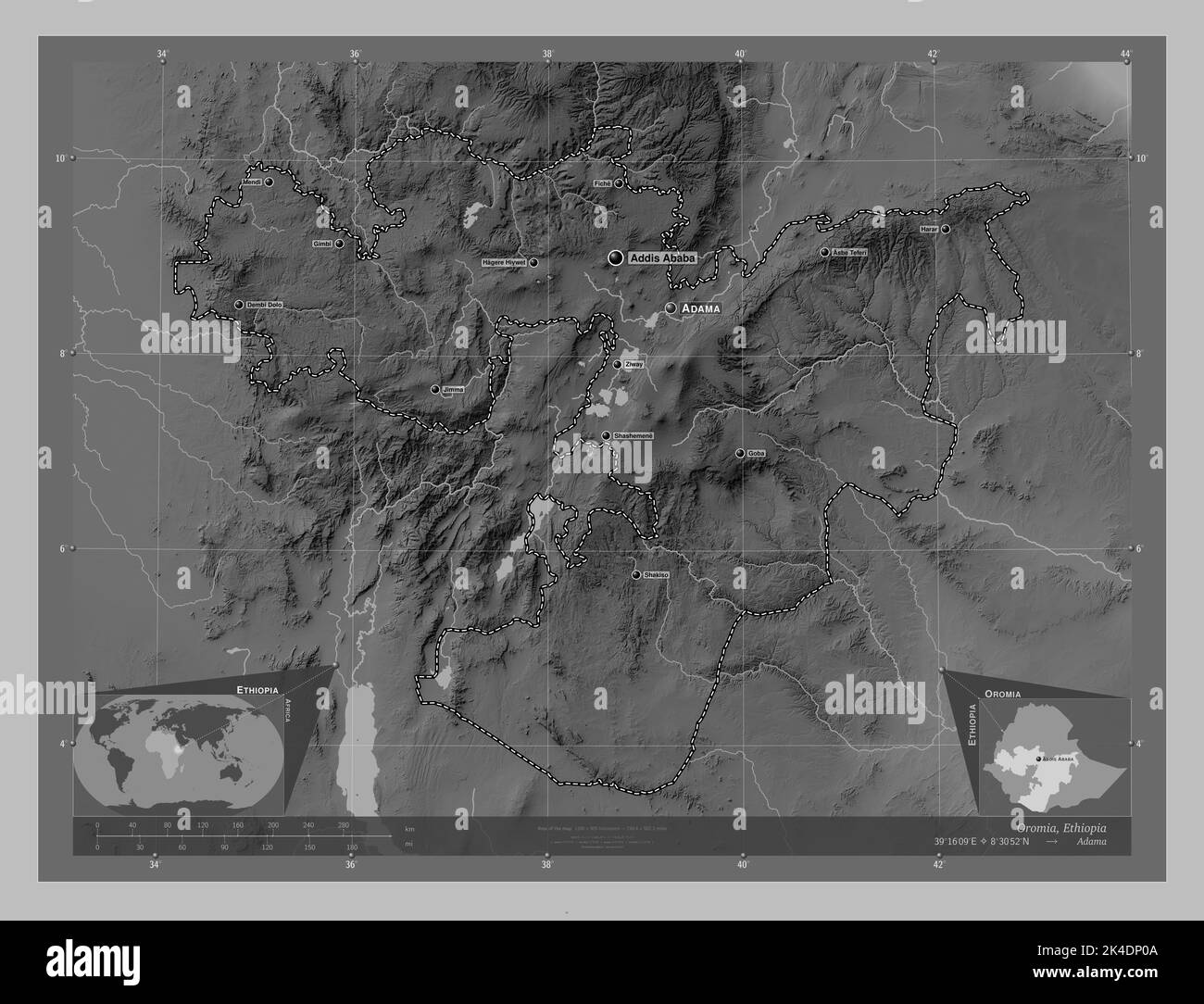 Oromia, state of Ethiopia. Grayscale elevation map with lakes and ...
