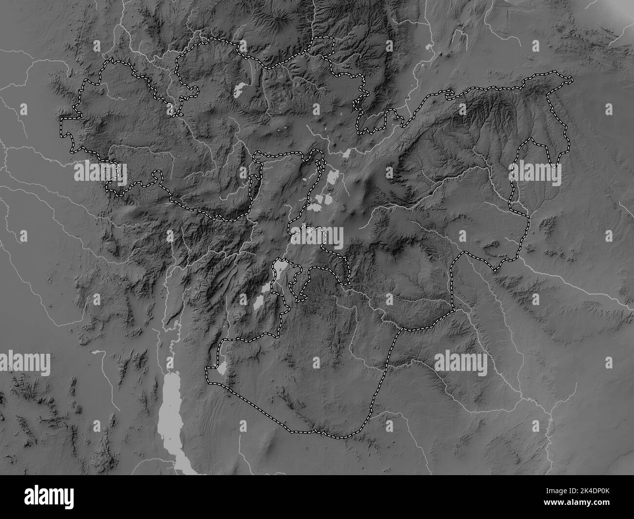 Oromia, state of Ethiopia. Grayscale elevation map with lakes and ...