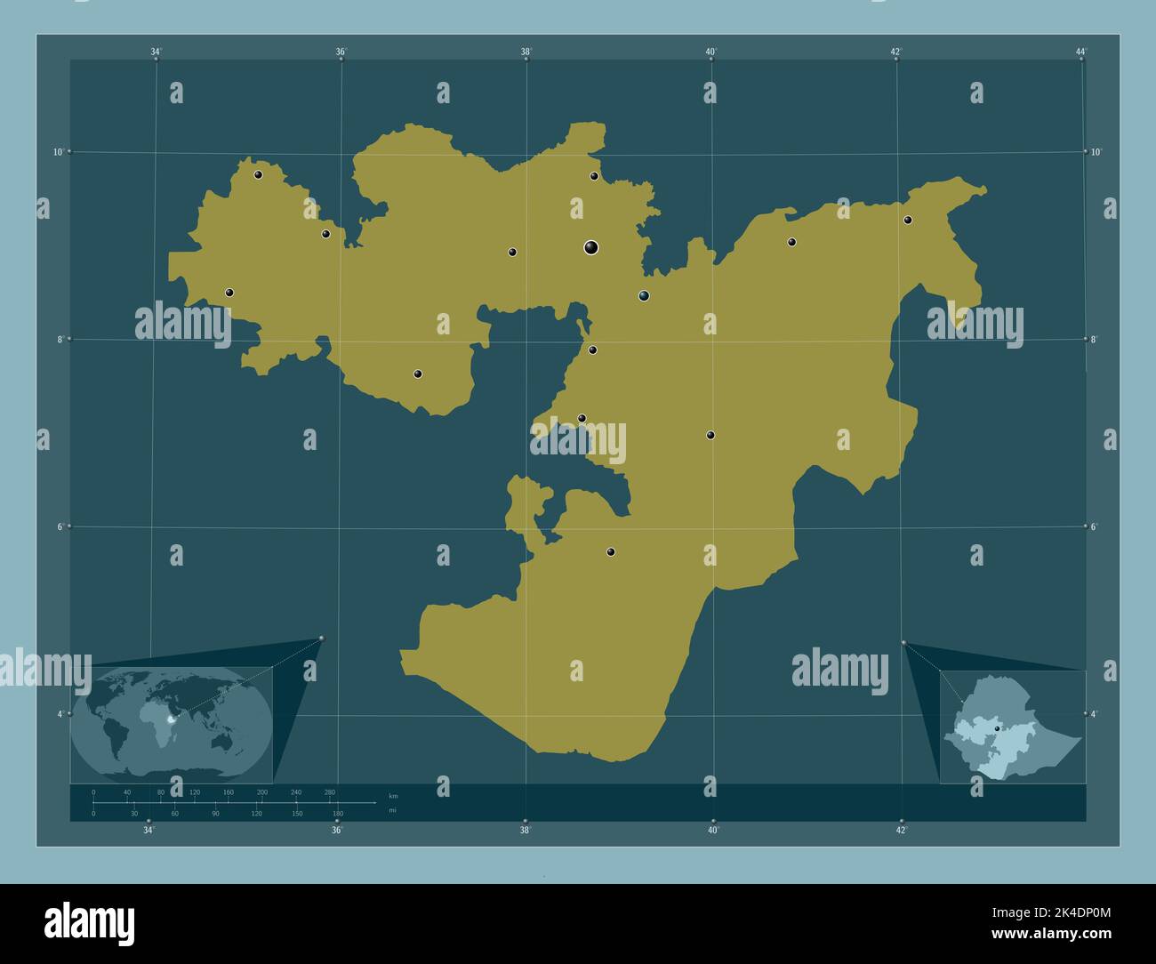 Oromia, state of Ethiopia. Solid color shape. Locations of major cities ...